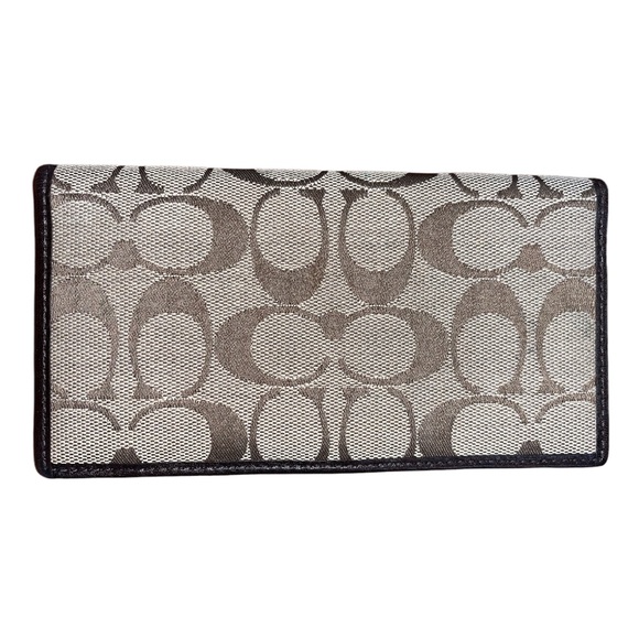 Coach | Bags | Coach Signature Print Brown Canvas Checkbook Cover ...